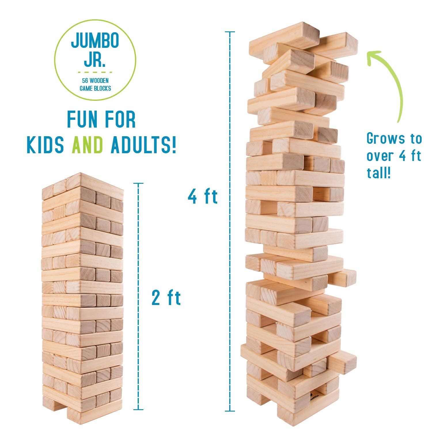 Giantville Giant Tumbling Timber Toy - Premium Pine Wood Life-Size Blocks Tower - Big Floor/Board Indoor/Outdoor Yard Game for Kids & Adults - 56-Pieces + Carry/Storage Bag - Grows to Over 4-Feet