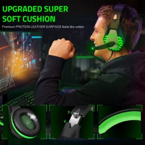 Pacrate Gaming Headset with Microphone for Switch PC PS4 PS5 Xbox One Noise Cancelling Gaming Headphones with LED Lights for Kids Adults Black Green