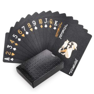 joyoldelf cool black playing cards, waterproof black-gold foil poker cards with gift box, great for magic,water card games and party