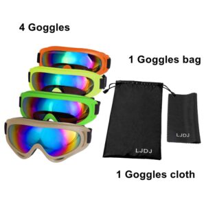 LJDJ Ski Goggles, Pack of 4 - Snowboard Adjustable UV 400 Protective Motorcycle Goggles Outdoor Sports Tactical Glasses Dust-Proof Combat Military Sunglasses for Kids, Boys, Girls, Youth, Men, Women