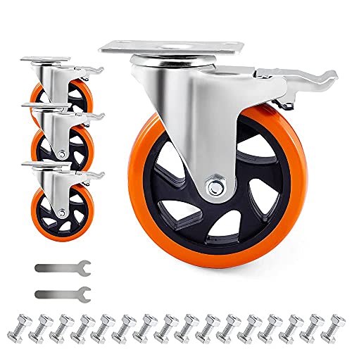 D&L 5 Inch Swivel Casters Wheels 1500lbs Heavy Duty Castors with Brake Polyurethane Dual Locking Casters Set of 4 Orange DL-I5-001