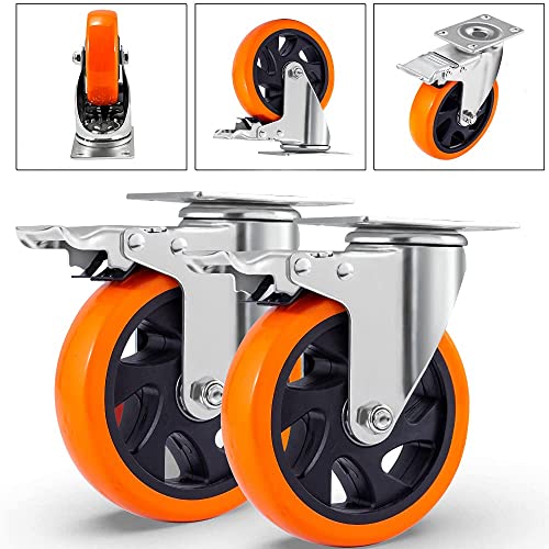 D&L 5 Inch Swivel Casters Wheels 1500lbs Heavy Duty Castors with Brake Polyurethane Dual Locking Casters Set of 4 Orange DL-I5-001