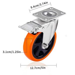 D&L 5 Inch Swivel Casters Wheels 1500lbs Heavy Duty Castors with Brake Polyurethane Dual Locking Casters Set of 4 Orange DL-I5-001