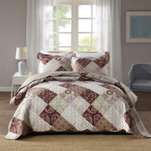 travan 3-piece queen quilt set quilted bedspread lightweight soft coverlet set printed coverlet bedding set for all season, patchwork brown, queen size