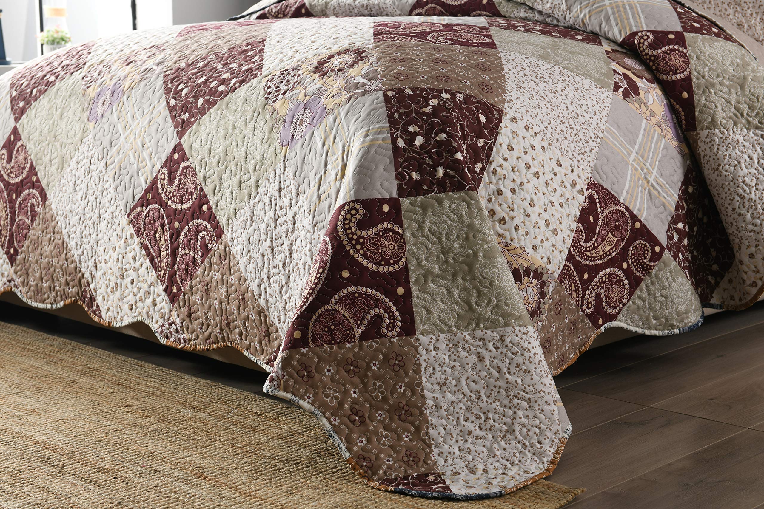 Travan 3-Piece Queen Quilt Set Quilted Bedspread Lightweight Soft Coverlet Set Printed Coverlet Bedding Set for All Season, Patchwork Brown, Queen Size