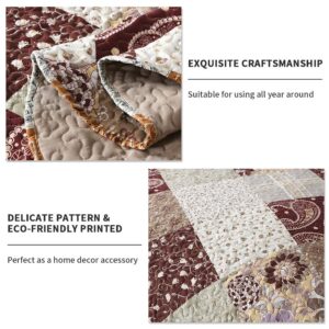 Travan 3-Piece Queen Quilt Set Quilted Bedspread Lightweight Soft Coverlet Set Printed Coverlet Bedding Set for All Season, Patchwork Brown, Queen Size