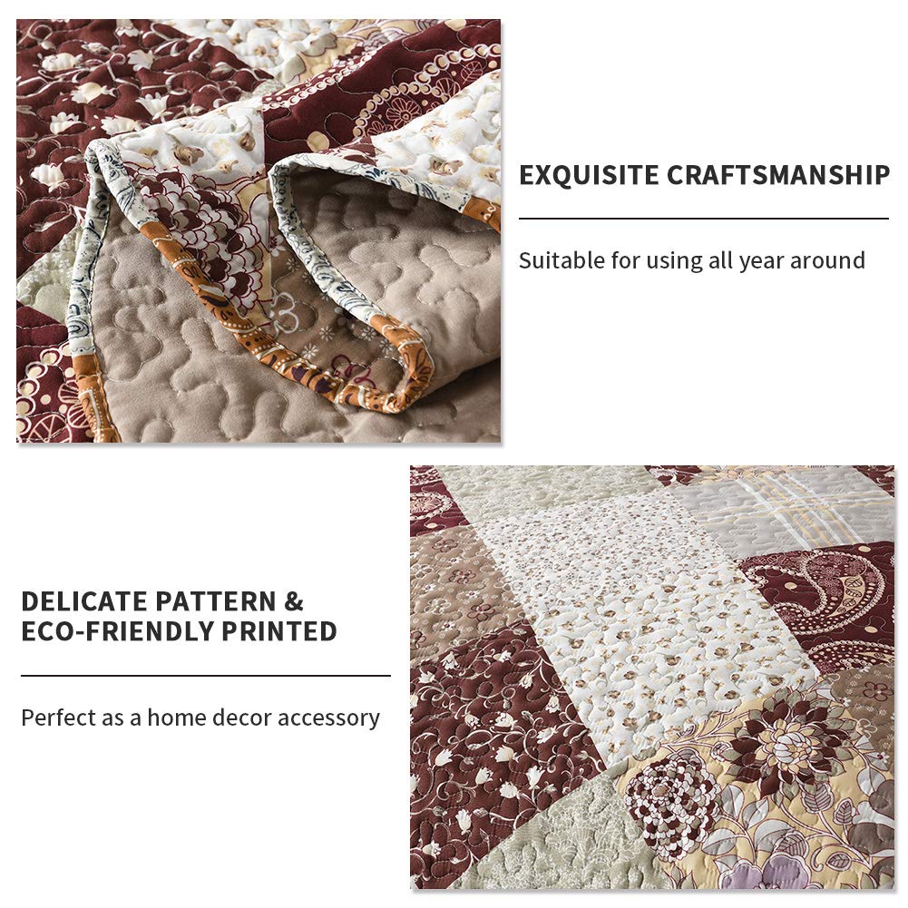 Travan 3-Piece Queen Quilt Set Quilted Bedspread Lightweight Soft Coverlet Set Printed Coverlet Bedding Set for All Season, Patchwork Brown, Queen Size