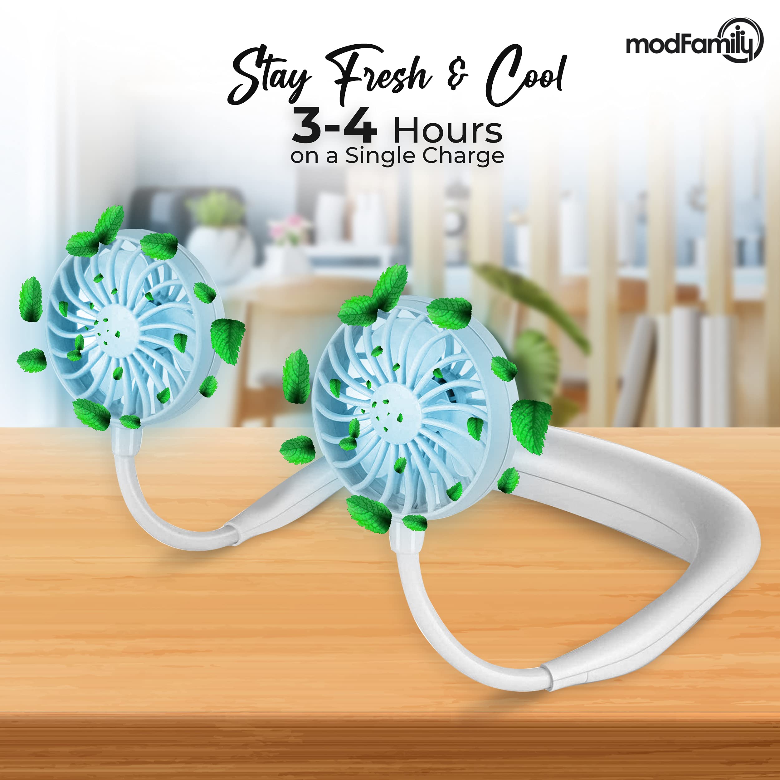 Modfamily Portable Neck Fan - Versatile 360° Rotatable Neck Fan with 3 Modes, Rechargeable Battery.