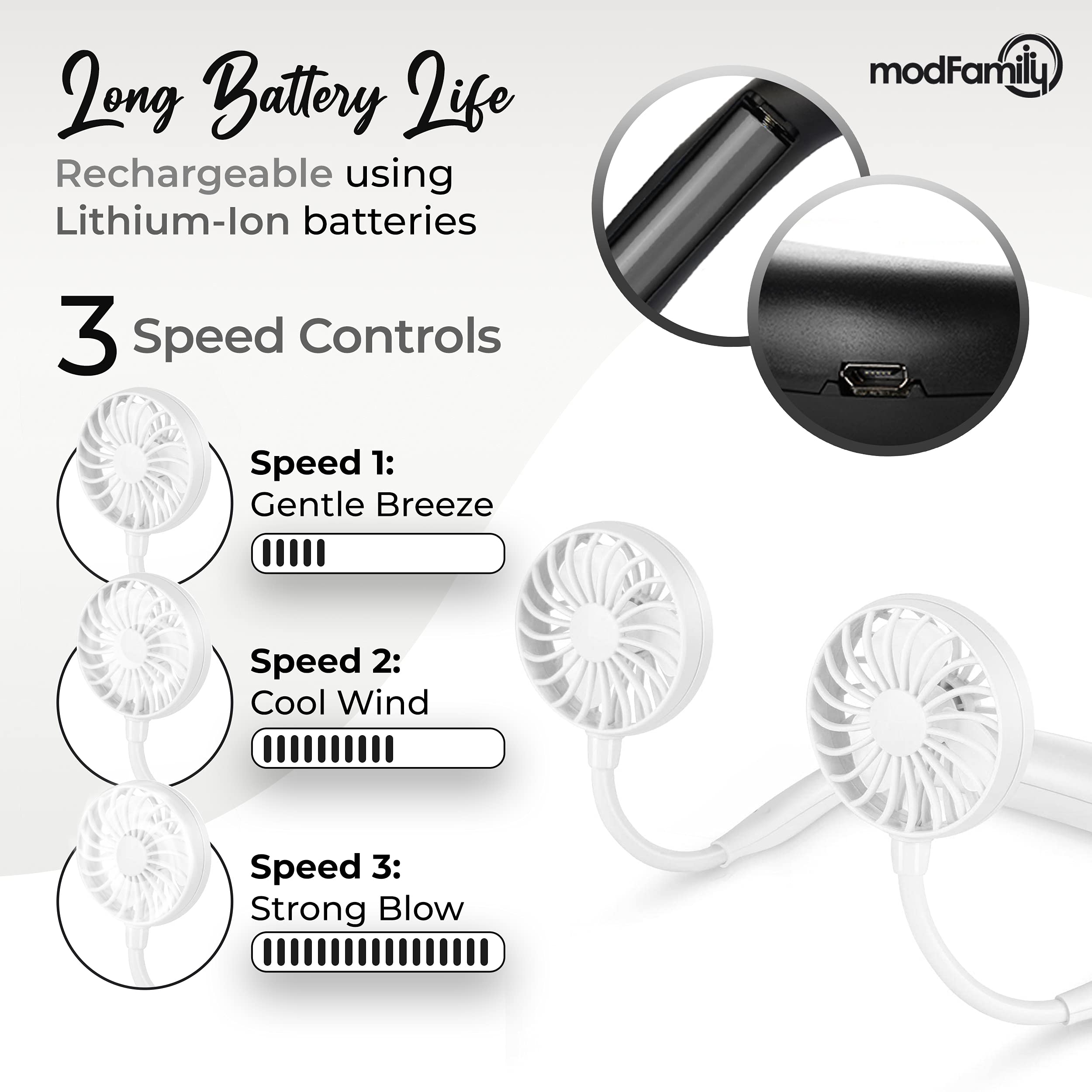 Modfamily Portable Neck Fan - Versatile 360° Rotatable Neck Fan with 3 Modes, Rechargeable Battery.