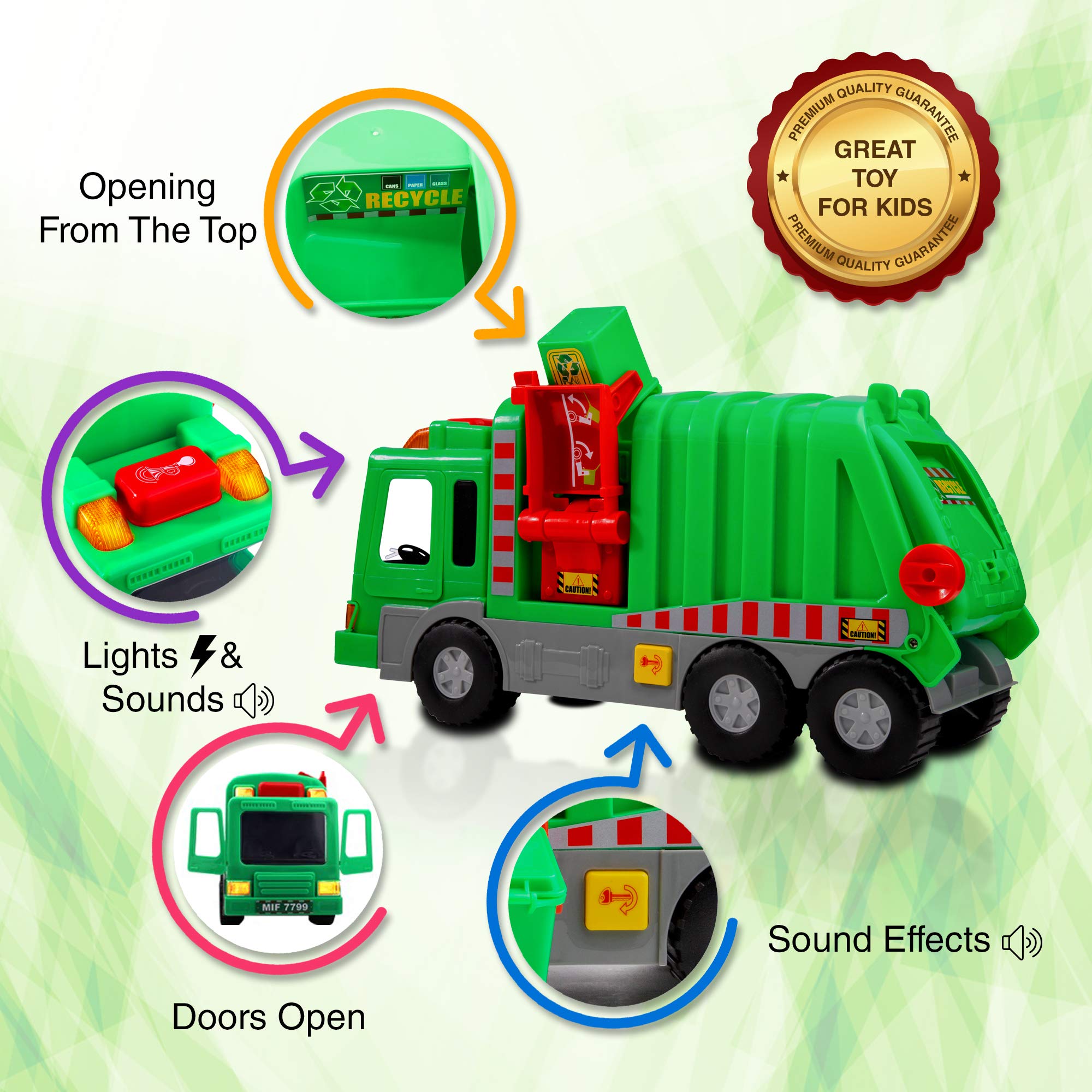 Playkidz Kids 15" Garbage Truck Toy with Lights, Sounds, and Manual Trash Lid, Interactive Early Learning Play for Kids, Indoor and Outdoor Safe, Heavy Duty Plastic