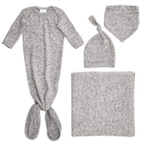 aden + anais snuggle knit newborn gift set with knotted baby gown, swaddle blanket, infant hat, and bandana bib, 0-3 months, heather grey