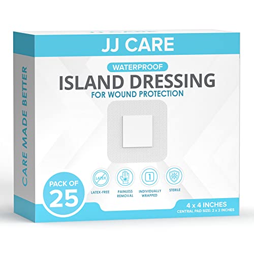 JJ CARE Waterproof Adhesive Island Dressing [Pack of 25], 4" x 4" Sterile Island Wound Dressing, Breathable Bordered Gauze Dressing, Individually Wrapped Latex Free Bandages with Non-Stick Central Pad