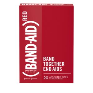 band-aid brand adhesive bandages featuring (red), wound care protection of minor cuts & scrapes for all ages, help support the fight to end aids, assorted sizes, 20 ct