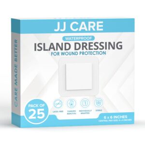 jj care waterproof adhesive island dressing [pack of 25], 6” x 6” sterile island wound dressing, breathable bordered gauze dressing, individually wrapped latex free bandages with non-stick central pad