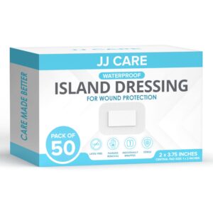 jj care waterproof adhesive island dressing [pack of 50], 2" x 3.75" sterile island wound dressing, breathable bordered gauze dressing, individually wrapped latex free bandages, non-stick central pad