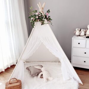 lace teepee for girls, teepee tent for kids teepee boho teepee tent white teepee with 6.5ft rose vine flowers, kids room decor