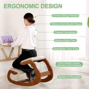 Predawn Ergonomic Kneeling Chair,Rocking Knee Chair Upright Posture Chair for Home Office Meditation Wooden & Linen Cushion-Office Chair for Back Neck Pain Relief & Improving Posture (Pecan)