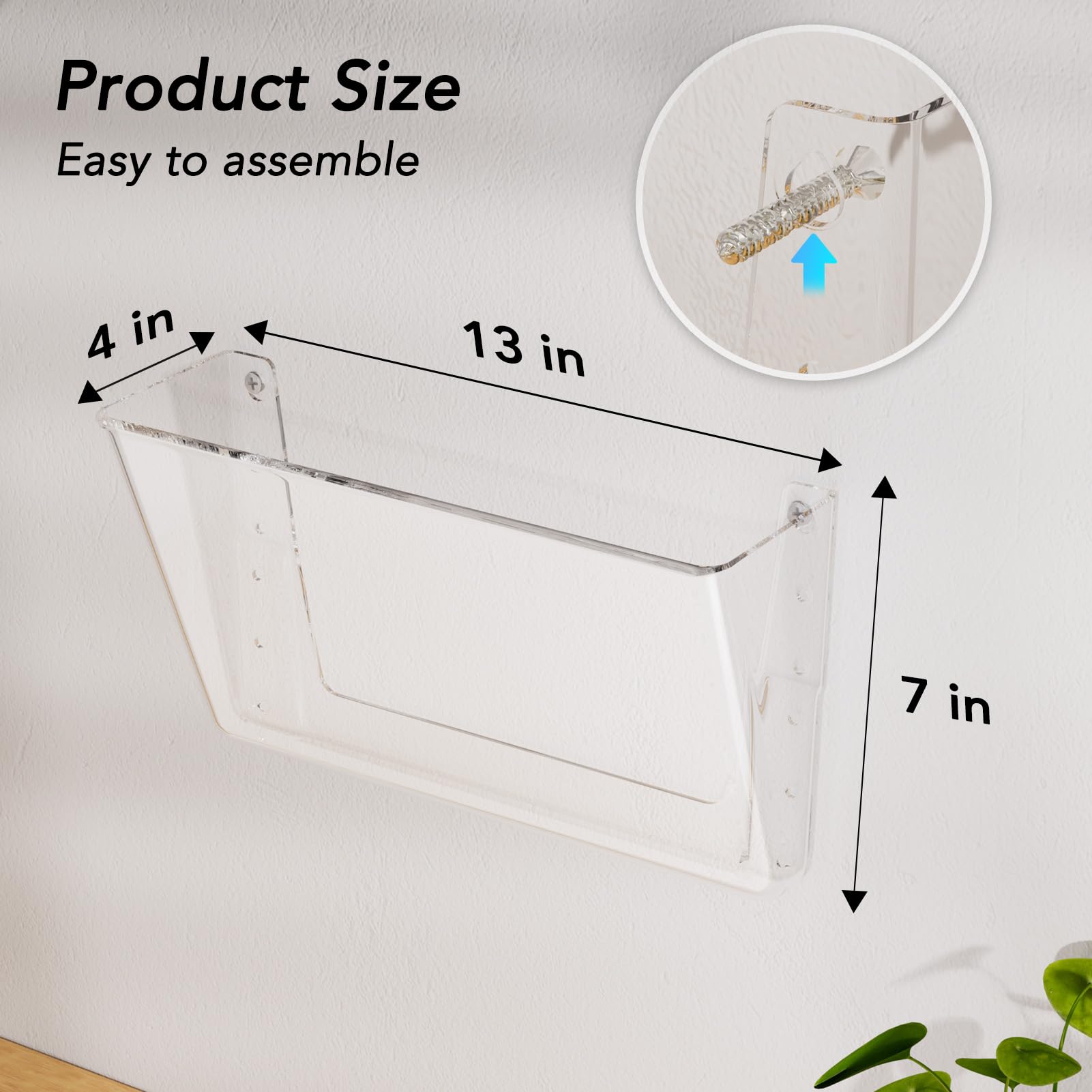 MaxGear Acrylic Wall File Organizer 4 Pockets, Clear Wall Mounted File Holder, Plastic Hanging Paper Organizer, Wall Bins for office, School and home, 13x4x7 inches