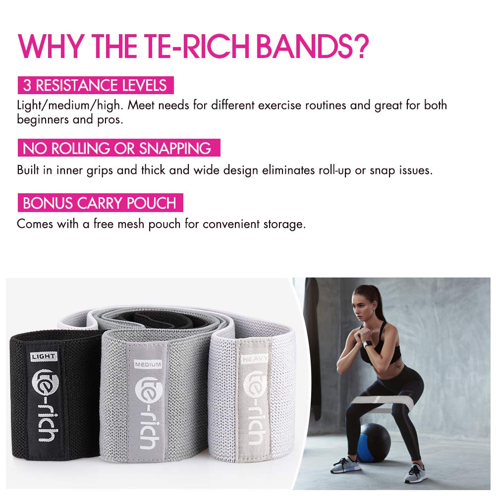 Te-Rich Resistance Bands for Legs and Butt, Fabric Workout Loop Bands, Set of 3