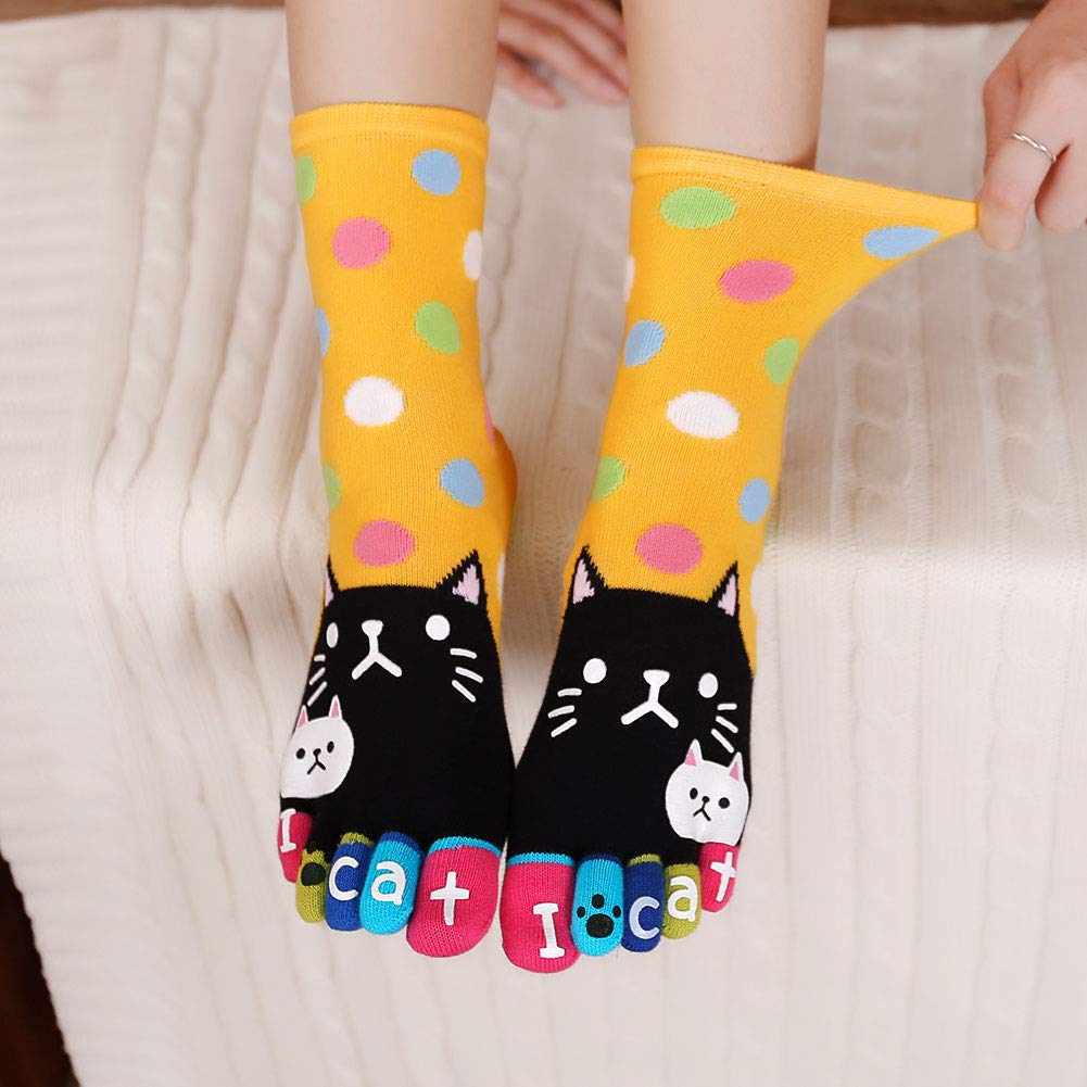 Hellomamma Women's Toe Sock Cute Cat Dog Ankle Sock Cotton Athletic Running Five Finger Socks for Girls (5 Pairs)