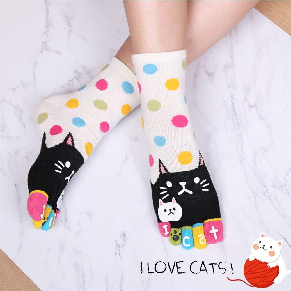 Hellomamma Women's Toe Sock Cute Cat Dog Ankle Sock Cotton Athletic Running Five Finger Socks for Girls (5 Pairs)