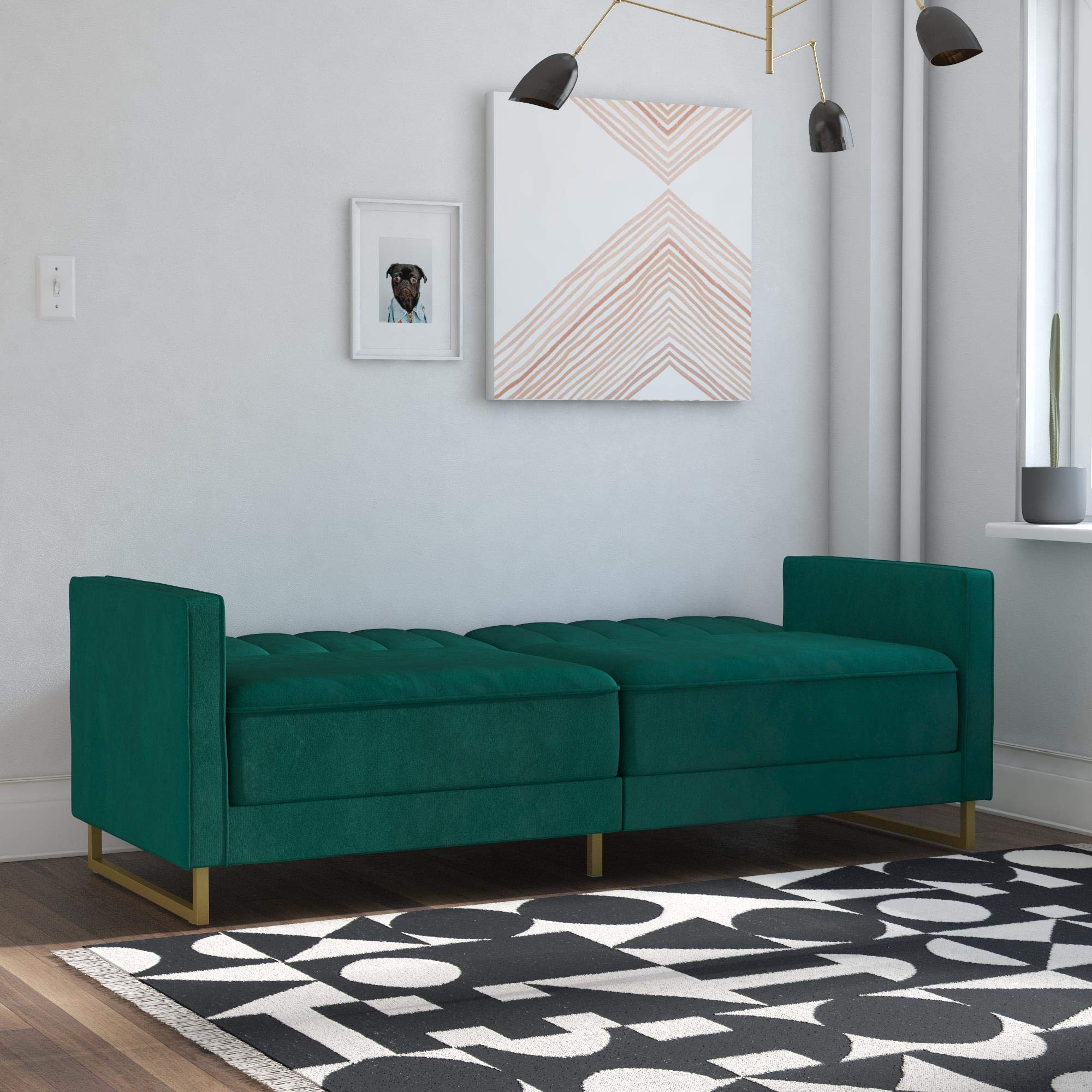 Novogratz Skylar Coil Futon, Modern Sofa Bed and Couch, Green Velvet