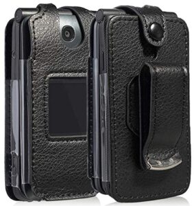 case for go flip phone, nakedcellphone [black vegan leather] form-fit cover with [built-in screen protection] and [metal belt clip] for alcatel go flip v, myflip, quickflip, at&t cingular flip 2