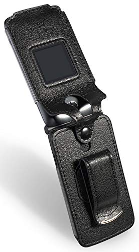 Case for Go Flip Phone, Nakedcellphone [Black Vegan Leather] Form-Fit Cover with [Built-in Screen Protection] and [Metal Belt Clip] for Alcatel Go Flip V, MyFlip, QuickFlip, AT&T Cingular Flip 2