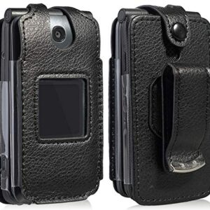 Case for Go Flip Phone, Nakedcellphone [Black Vegan Leather] Form-Fit Cover with [Built-in Screen Protection] and [Metal Belt Clip] for Alcatel Go Flip V, MyFlip, QuickFlip, AT&T Cingular Flip 2