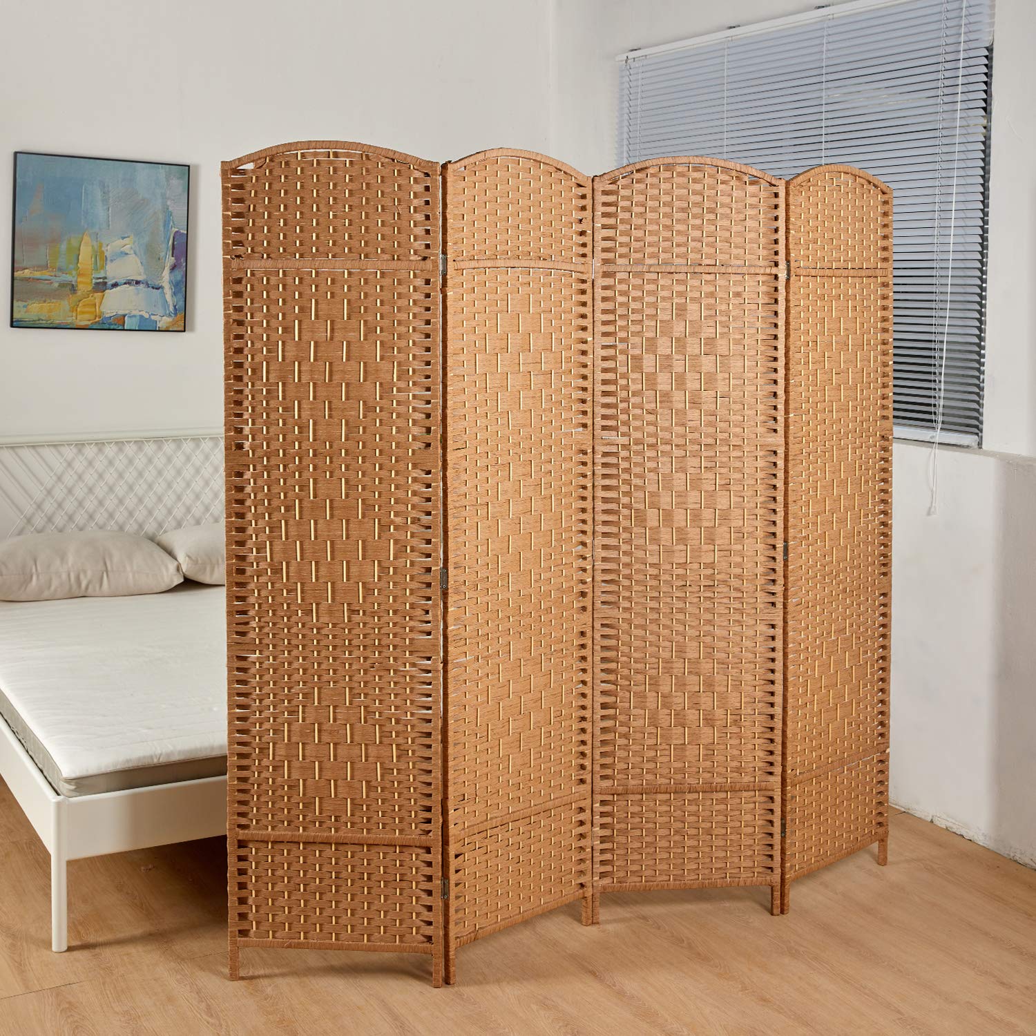 Cocosica 6 ft. Tall Room Divider and Folding Privacy Screen, Weave Fiber Foldable Panel Wall Divider with Diamond Pattern Weaved & 4 Panel Room Screen Divider Separator, Freestanding Room Divider…