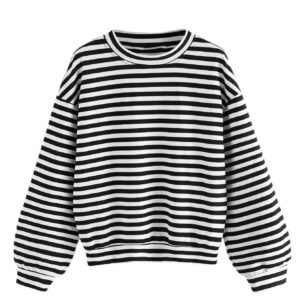 Floerns Women's Drop Shoulder Striped Long Sleeve Sweatshirt A Black and White S