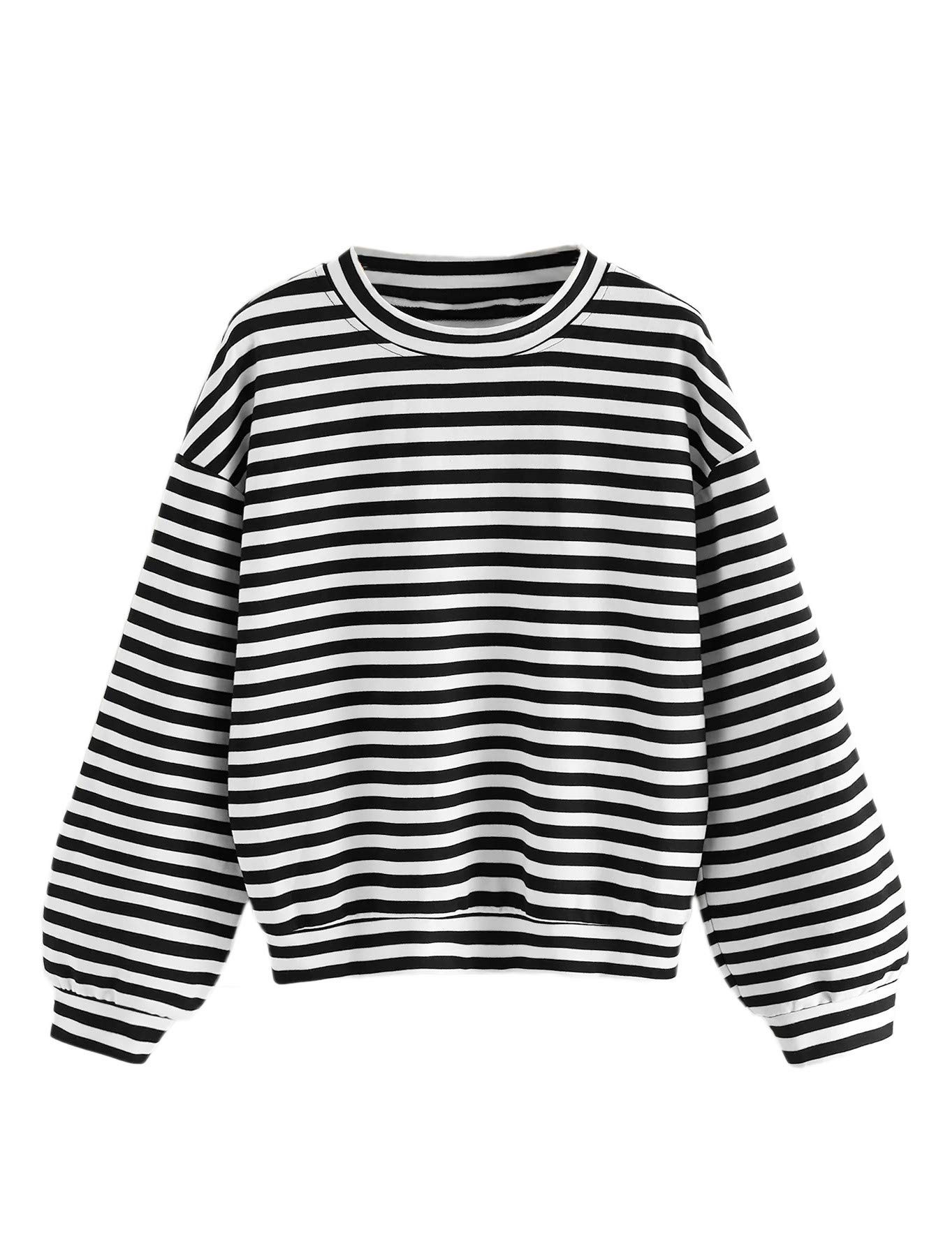 Floerns Women's Drop Shoulder Striped Long Sleeve Sweatshirt A Black and White S