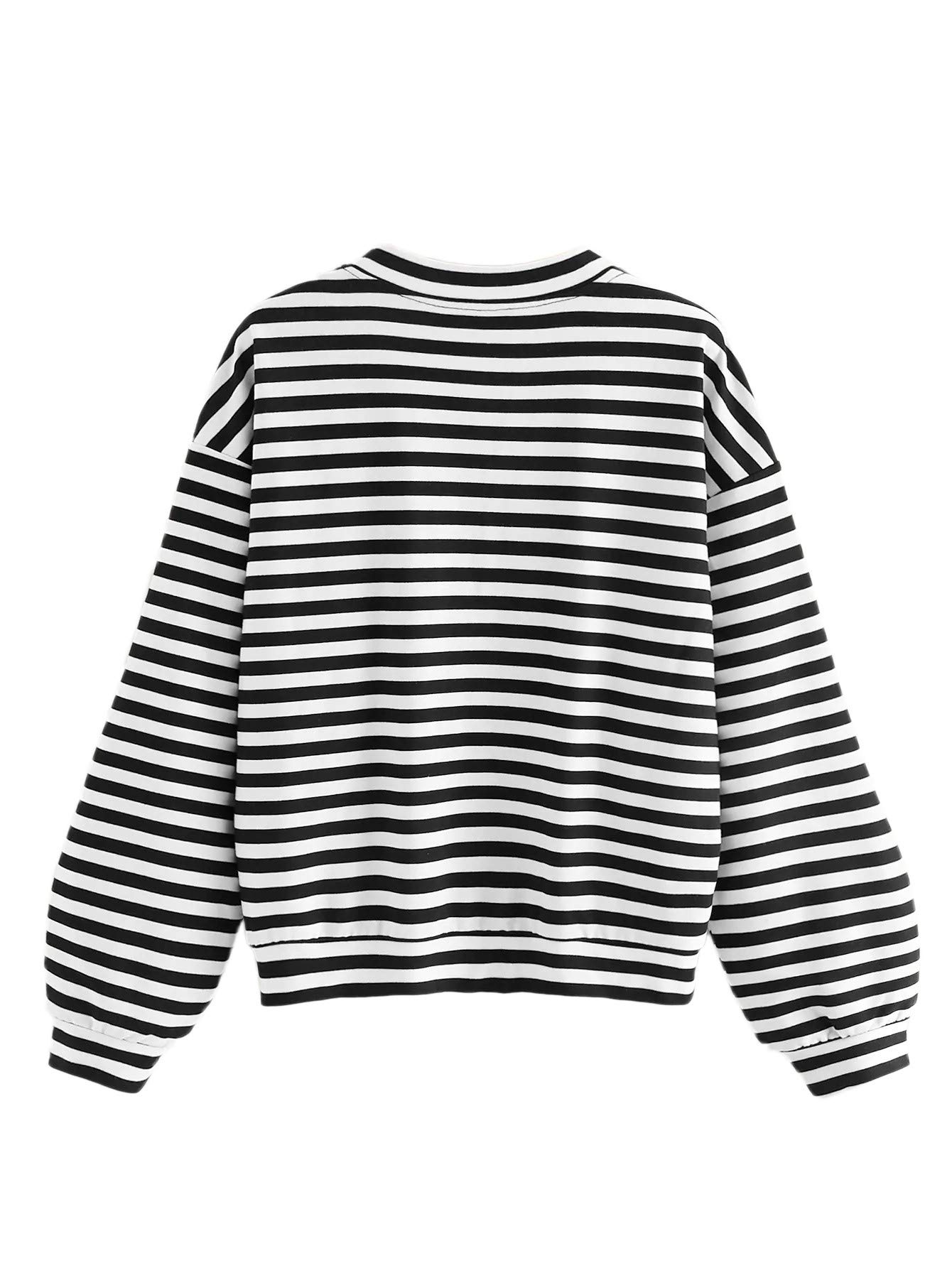 Floerns Women's Drop Shoulder Striped Long Sleeve Sweatshirt A Black and White S