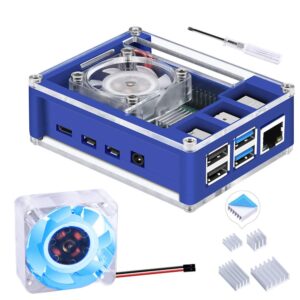 geeekpi case for raspberry pi 4, pi 4 case with fan 40x40x10mm (blue backlight) and 4pcs aluminum heatsinks for raspberry pi 4 model b (blue&clear)