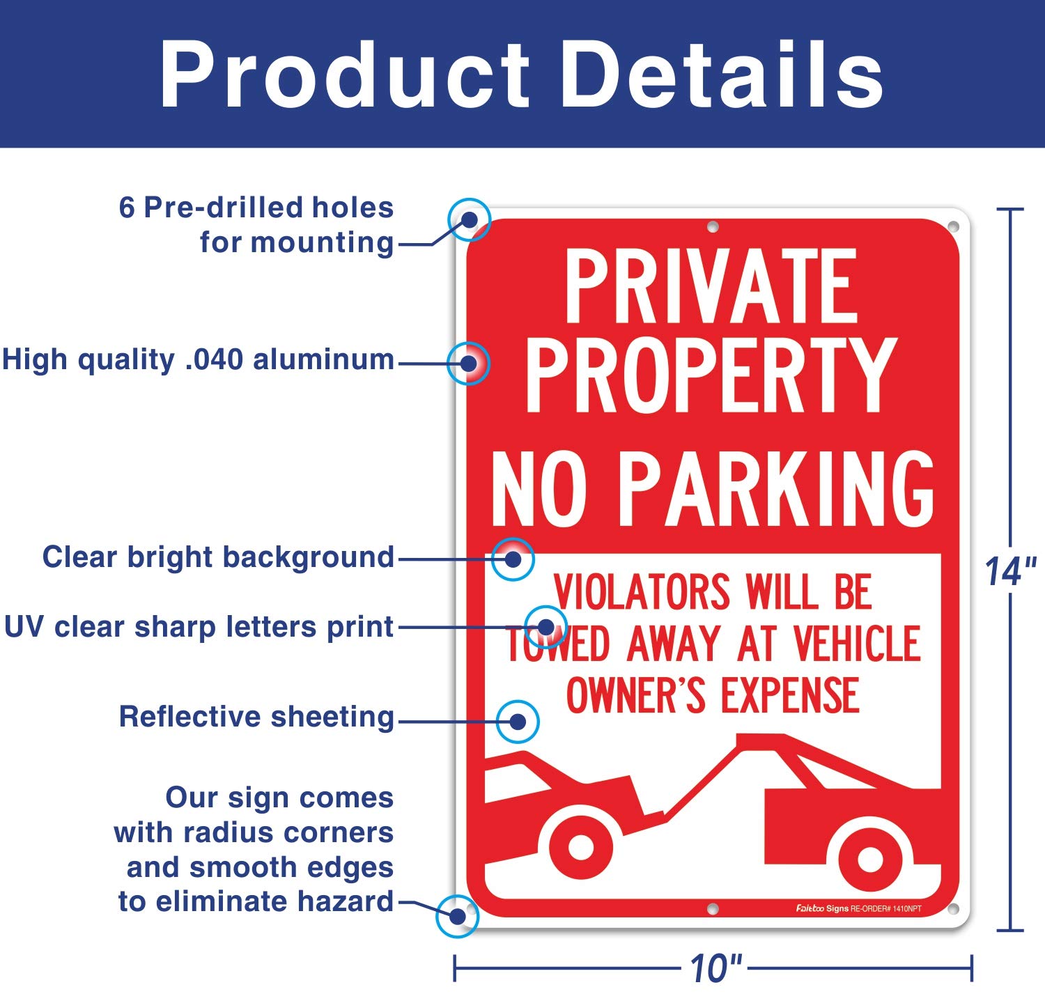 (2 Pack) Private Property No Parking - Violators Will Be Towed Away at Vehicle Owner's Expense Sign, Reflective .40 Rust Free Aluminum 14 x 10, UV Protected, Weather Resistant, Waterproof, Durable Ink