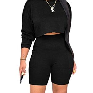 cailami Women's Summer 2 Piece Outfits Workout High Waist Biker Shorts Sets with Pockets, X-Large, Black