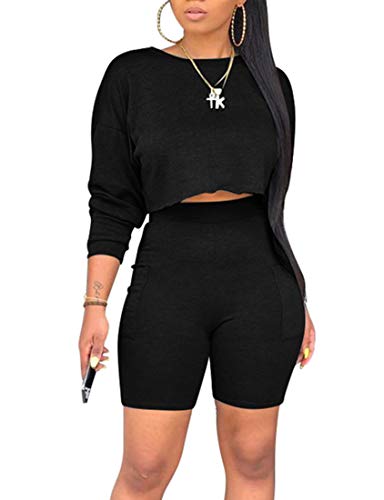 cailami Women's Summer 2 Piece Outfits Workout High Waist Biker Shorts Sets with Pockets, X-Large, Black