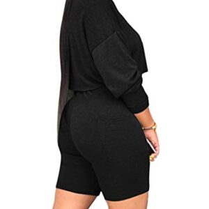 cailami Women's Summer 2 Piece Outfits Workout High Waist Biker Shorts Sets with Pockets, X-Large, Black