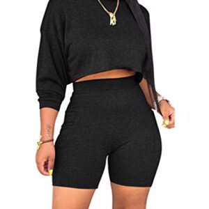 cailami Women's Summer 2 Piece Outfits Workout High Waist Biker Shorts Sets with Pockets, X-Large, Black