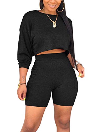 cailami Women's Summer 2 Piece Outfits Workout High Waist Biker Shorts Sets with Pockets, X-Large, Black