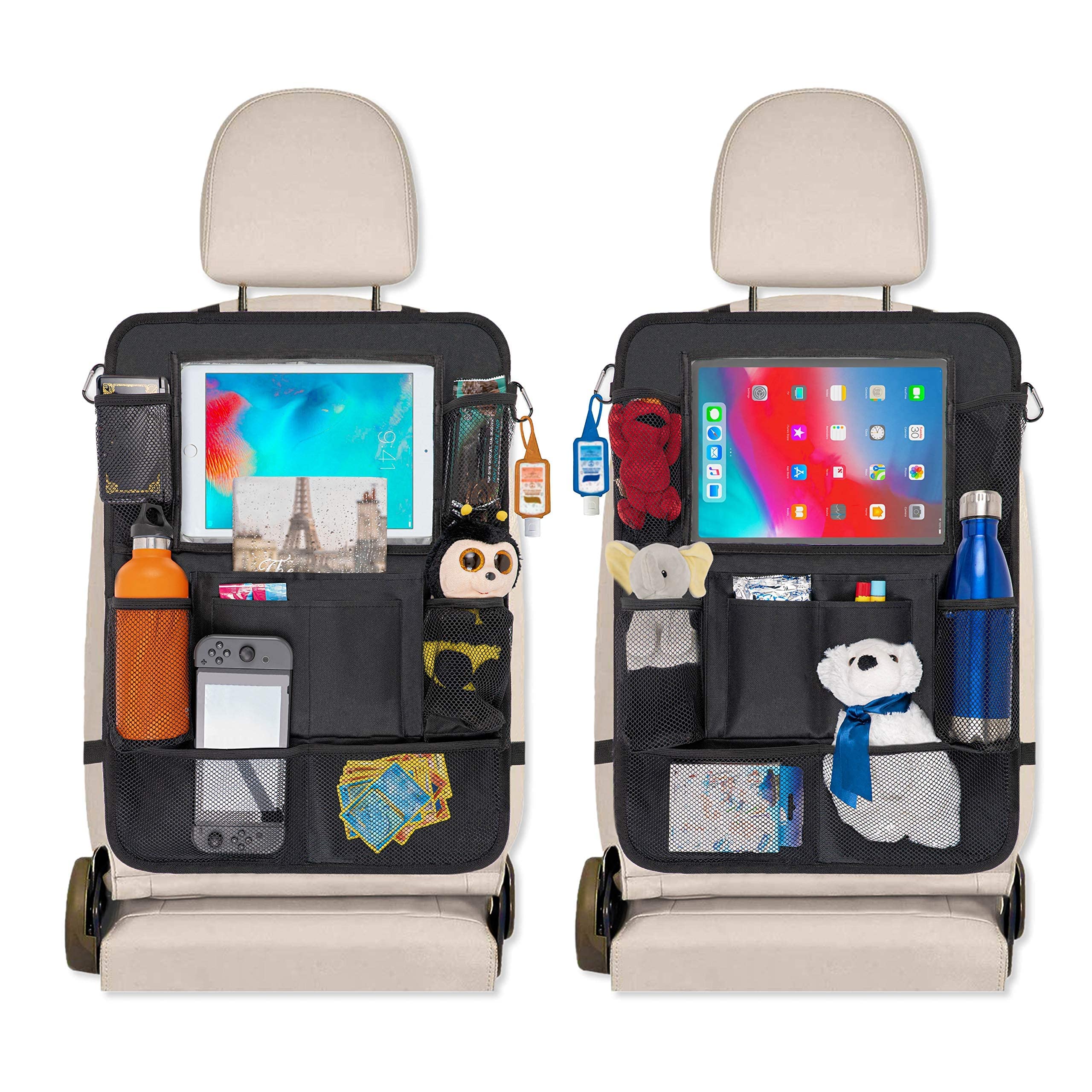 VERONA SUPPLIES Car Seat Organizer 2 Pack with Kick Mats - Muti-Pocket Back Seat Storage Bag with Touch Screen Tablet Holder, to Organize Toy, iPad, Bottle, Snacks, Books