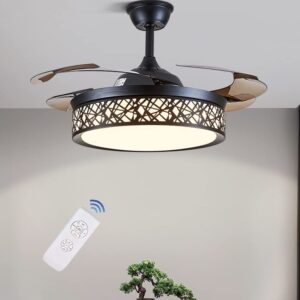 42 inch black cage ceiling fan with lights, ceiling fan with retractable blades three color change chandelier with remote control, dining room/living room/bedroom lighting decoration-36w