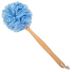 arswin loofah back scrubber for shower, wooden long handle bath sponge lufa shower brush, soft nylon mesh back cleaner washer, women & men exfoliating luffa pouf on a stick for body (blue)