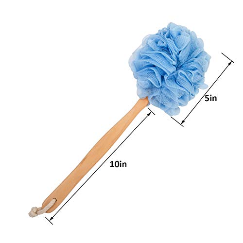 Arswin Loofah Back Scrubber for Shower, Wooden Long Handle Bath Sponge Lufa Shower Brush, Soft Nylon Mesh Back Cleaner Washer, Women & Men Exfoliating Luffa Pouf on a Stick for Body (Blue)