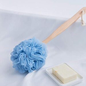 Arswin Loofah Back Scrubber for Shower, Wooden Long Handle Bath Sponge Lufa Shower Brush, Soft Nylon Mesh Back Cleaner Washer, Women & Men Exfoliating Luffa Pouf on a Stick for Body (Blue)