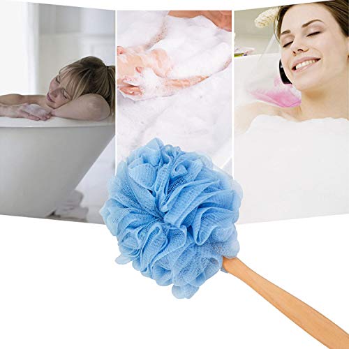 Arswin Loofah Back Scrubber for Shower, Wooden Long Handle Bath Sponge Lufa Shower Brush, Soft Nylon Mesh Back Cleaner Washer, Women & Men Exfoliating Luffa Pouf on a Stick for Body (Blue)