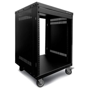 axcessables 12u av rack stand | 12 space component rack cabinet | removable side panels for open-frame | 550lb capacity four post network server case| 19-inch rack-mountable cabinet (rk12u)