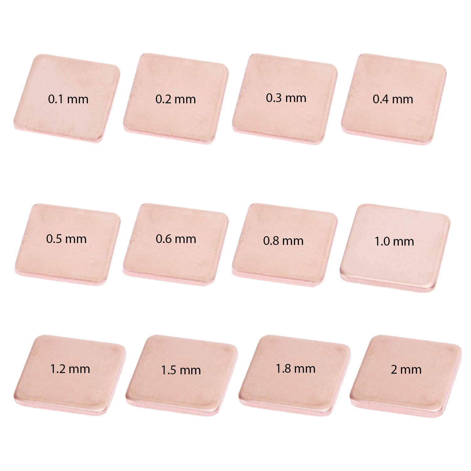 Easycargo 100pcs 12 sizes 15mm Copper Pad Shim Kit, Pure Copper Heatsink C1100, Low Profile Thermal Plate Cooler for Cooling PC Laptop GPU CPU IC Chips VGA RAM VRAM VRM PS5 M.2 SSD NVMe 2280 2242 2230