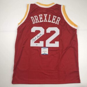 autographed/signed clyde drexler houston red basketball jersey beckett bas coa