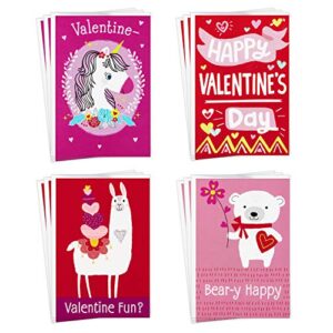 hallmark assorted valentines day cards for kids, 12 cards with envelopes (unicorns, bears, llamas)